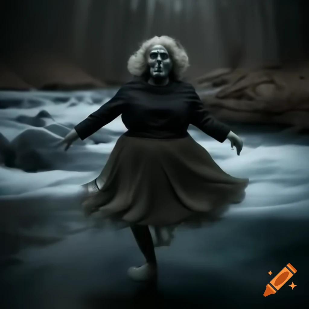 Vintage image of a chubby old zombie woman dancing near frozen river on ...