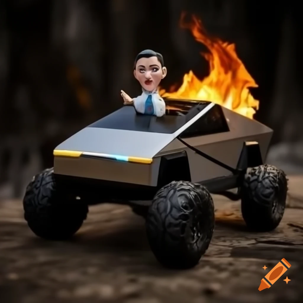 Ventriloquist dummy resembling elon musk next to burning rusty tesla ...