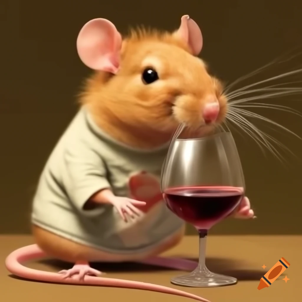Ginger rat with square hairdo and tee-shirt enjoying red wine on Craiyon