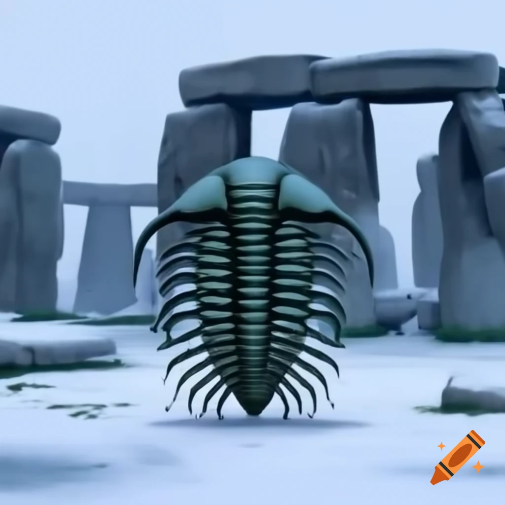 Trilobite on Stonehenge with snow and Christmas decorations, stylized ...