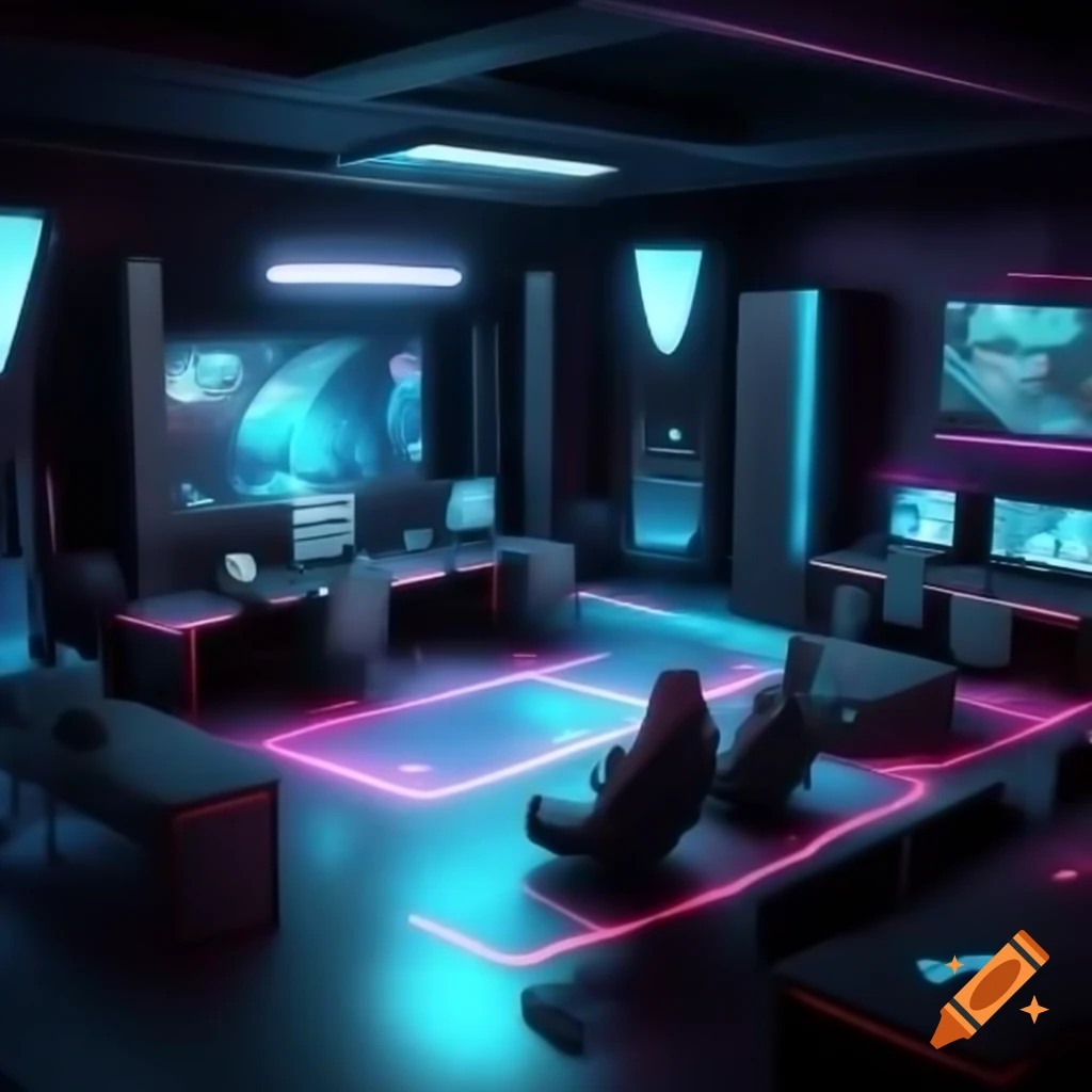High-tech gaming arena with immersive environments and futuristic ...