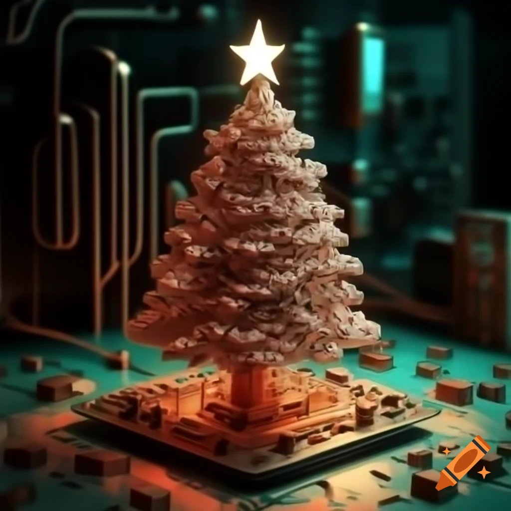 3d render of christmas tree made from electronic components on circuit ...