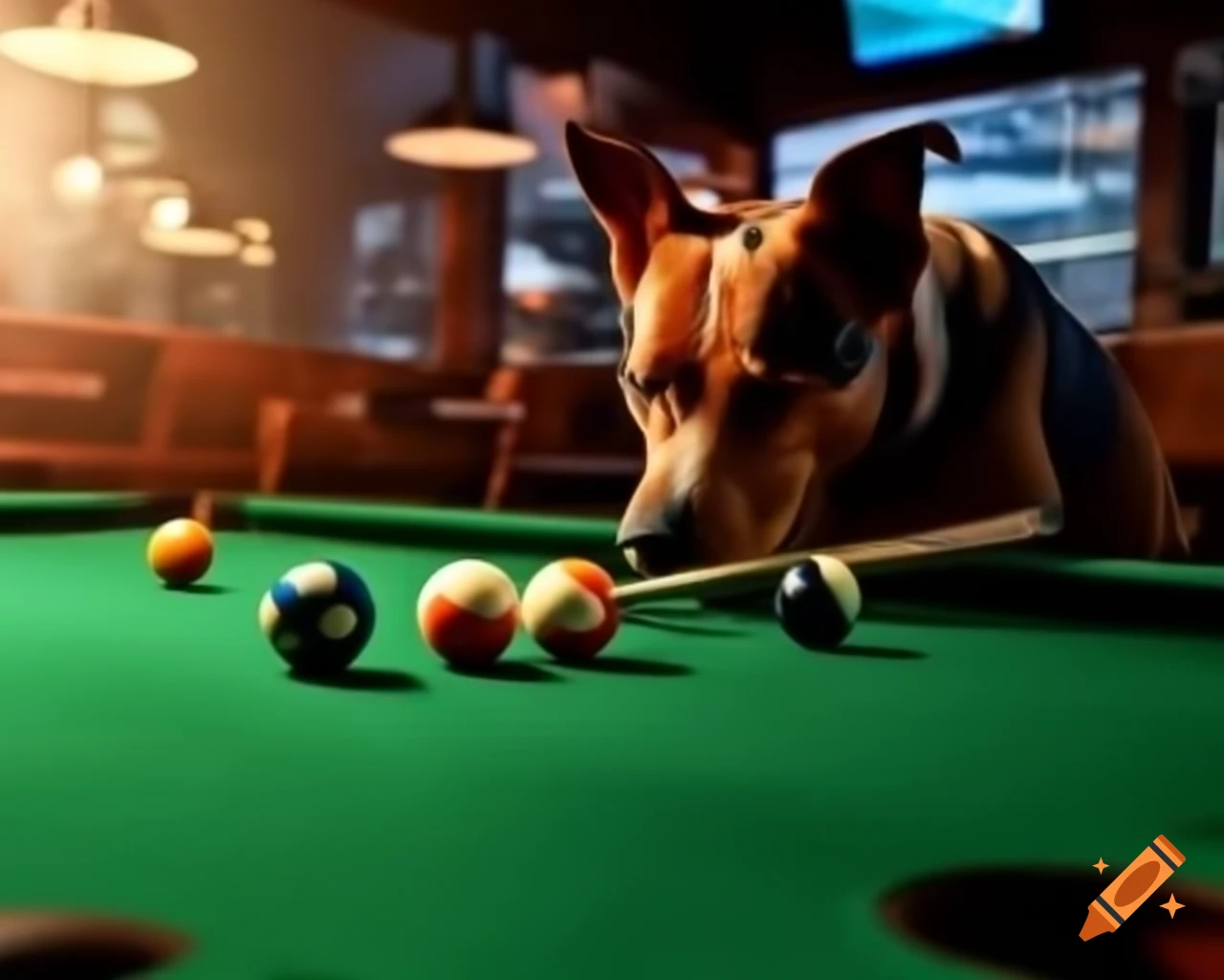 Dogs playing pool in a bar at dawn on Craiyon