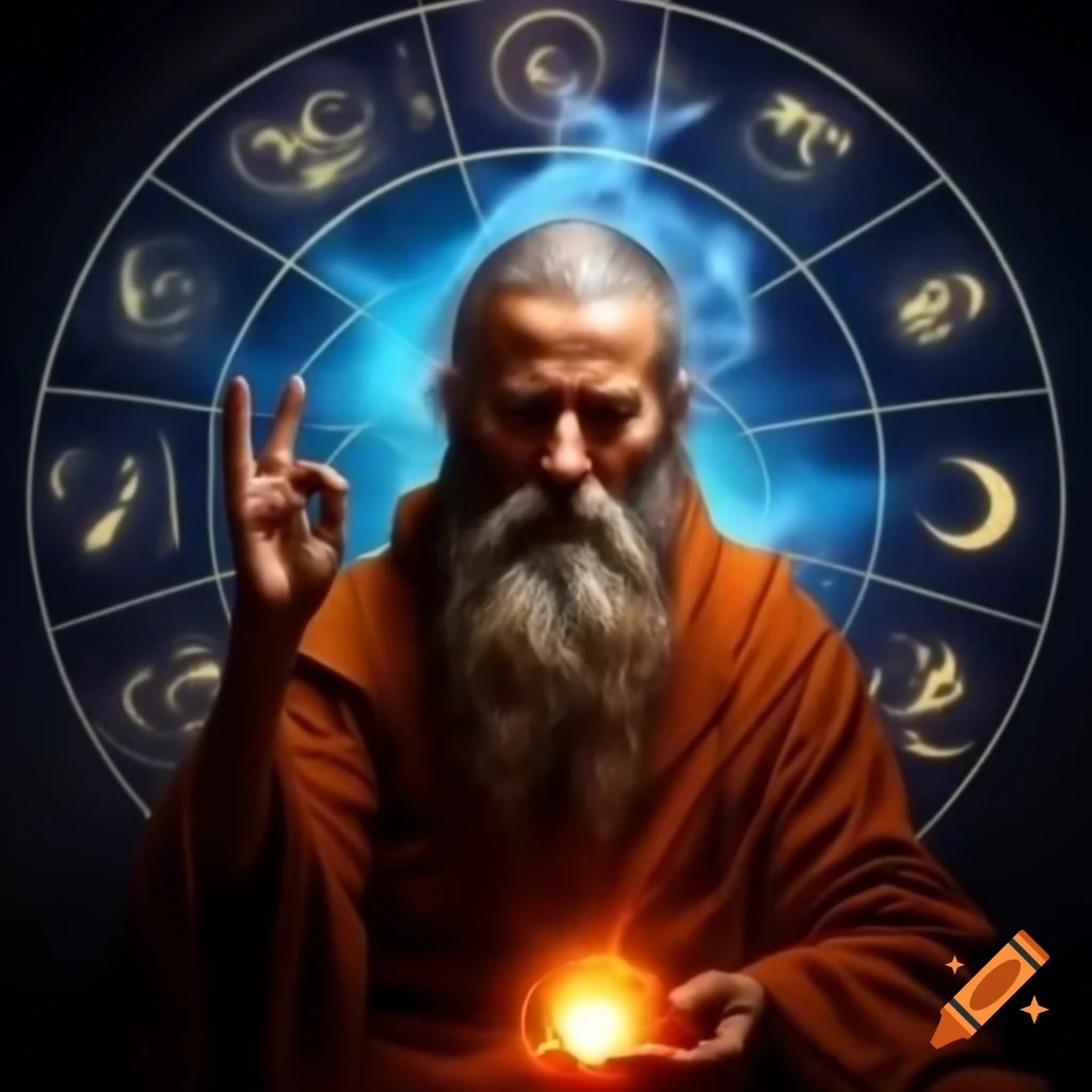 Monk with peace pipe surrounded by nebula and astrology symbols on Craiyon