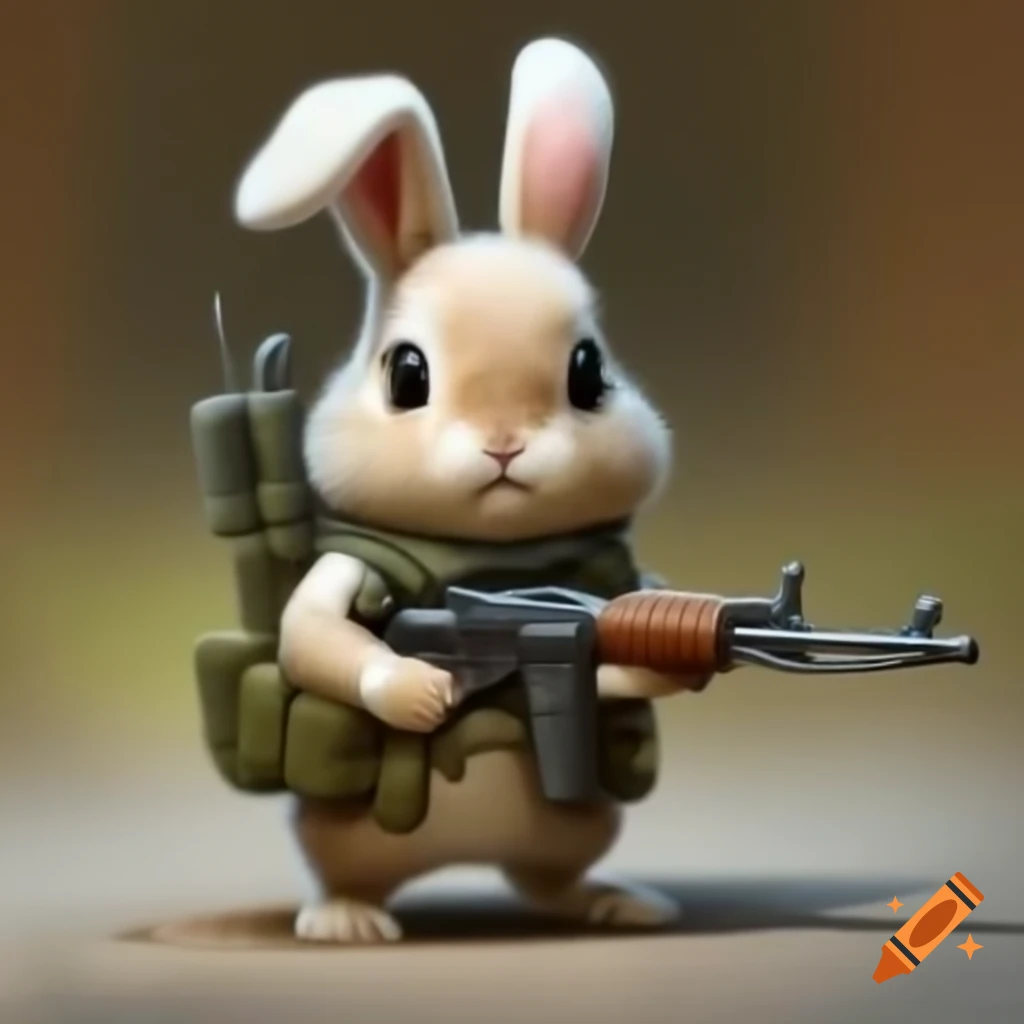 Cute brown bunny in military gear holding rifle on Craiyon
