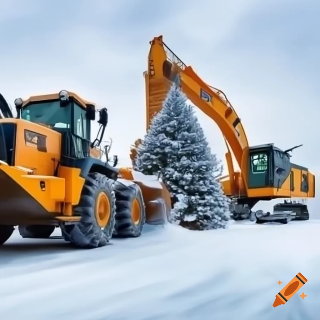 Bulldozer and excavator constructing Christmas tree in snowy landscape ...