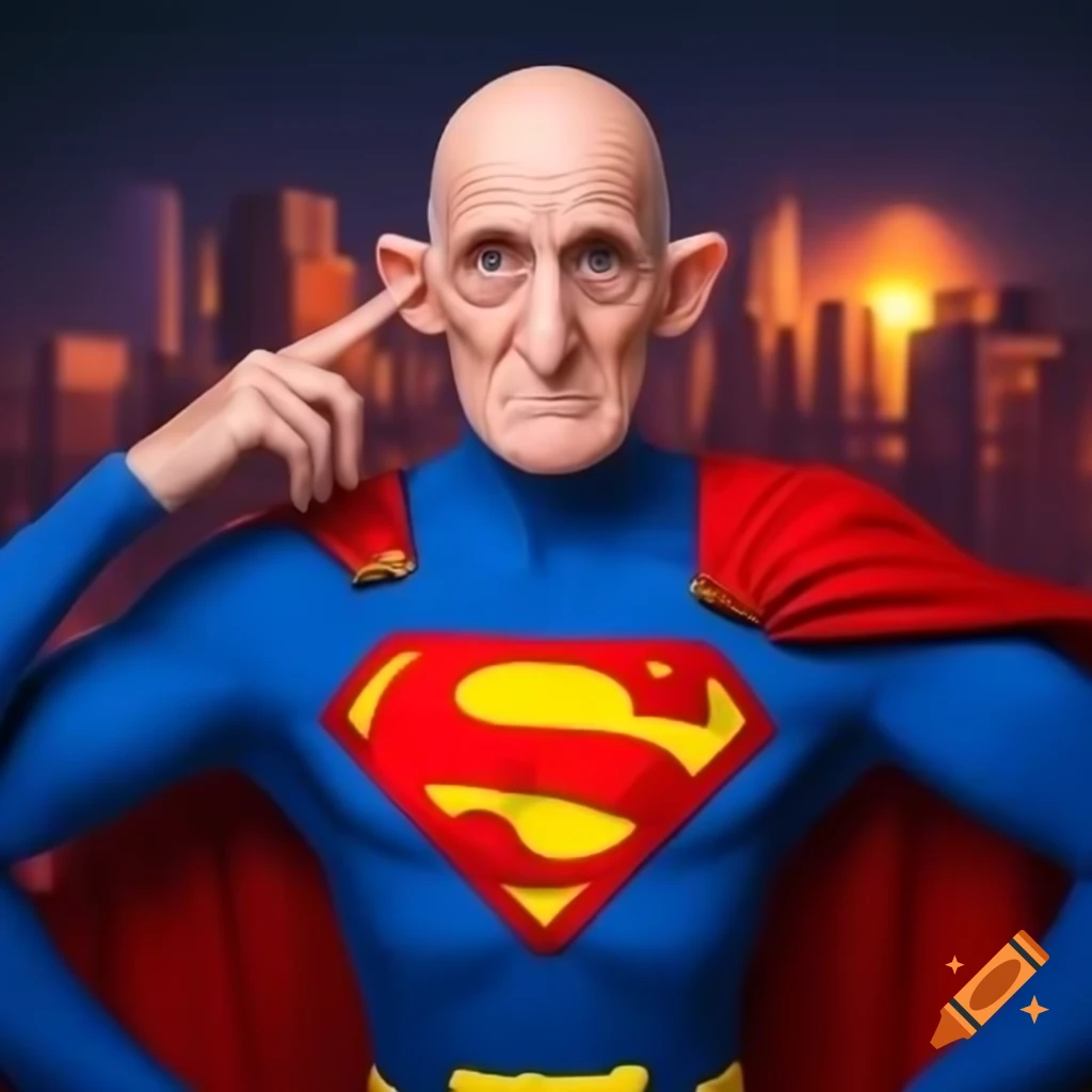 Elderly man in Superman costume listening intently, comic-book style ...