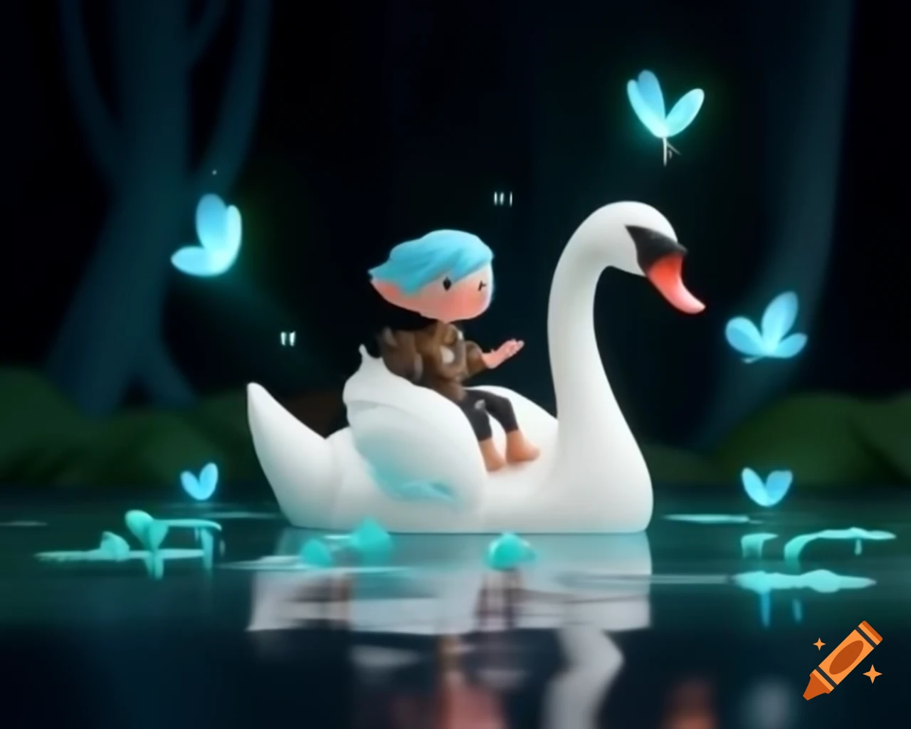 Faceless young male mage on giant swan in enchanted lake with glowing fireflies on Craiyon