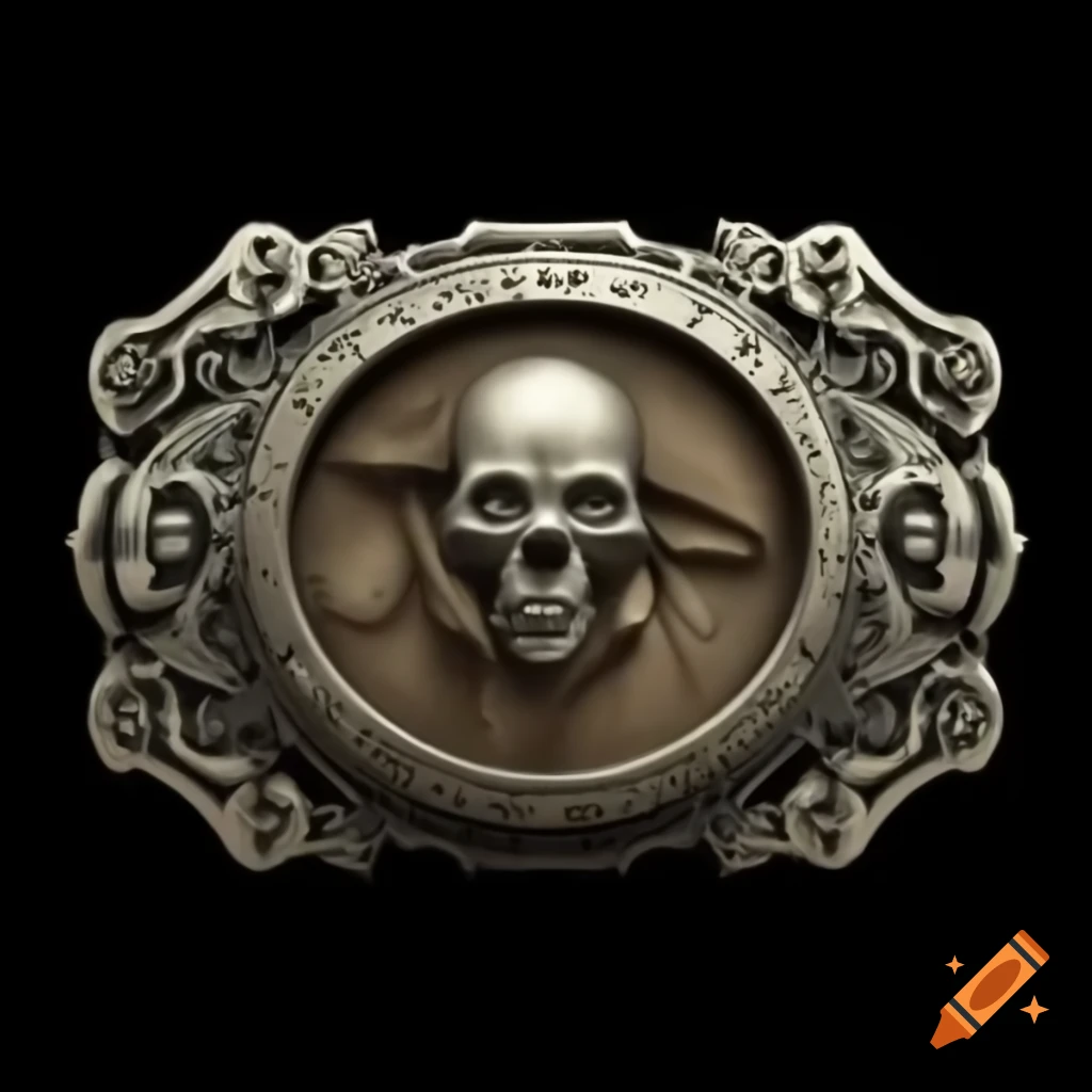 Steampunk style bas-relief drawing on black belt buckle on Craiyon