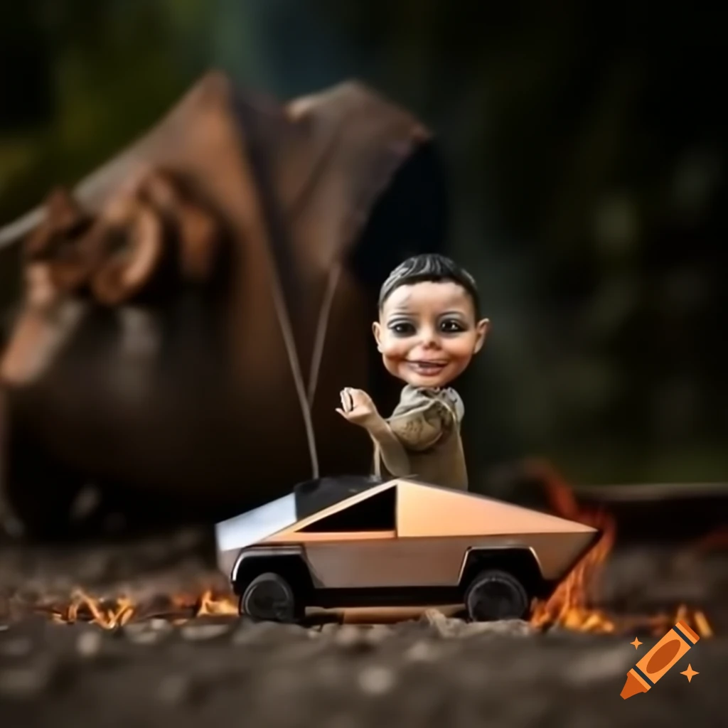 Ventriloquist dummy resembling an oligarch next to a burning rusty ...