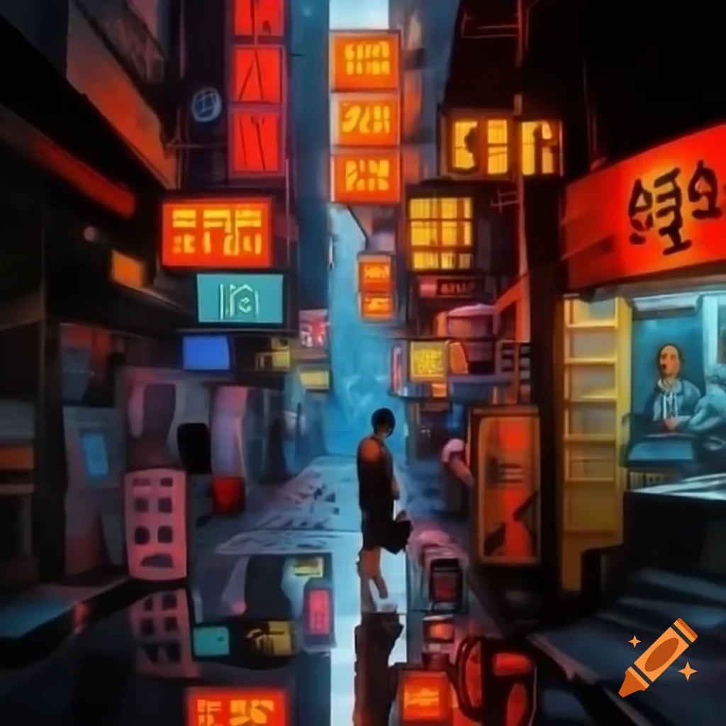 Hong kong street scene with vibrant neon signs depicting emotional contrasts on Craiyon