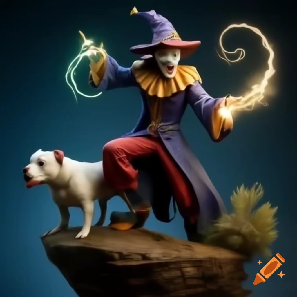 Wizard dressed as jester using magic on cliff with white pit-bull on ...