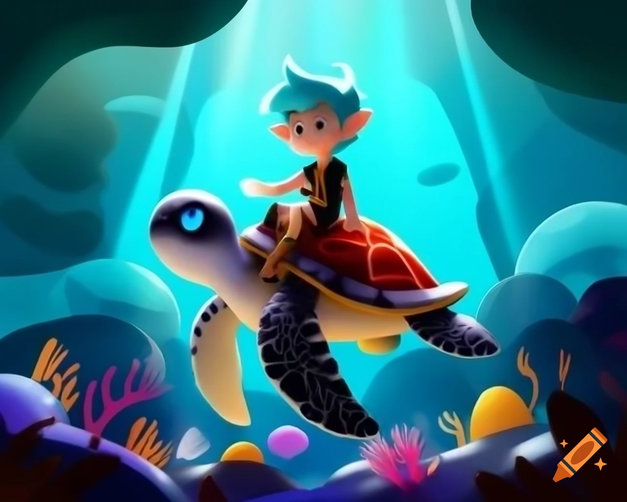 Low poly male druid with glowing cyan hair riding a sea turtle in ...