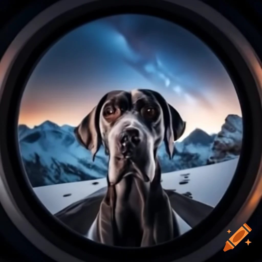 Great dane looking through telescope with snowy mountains and starry ...