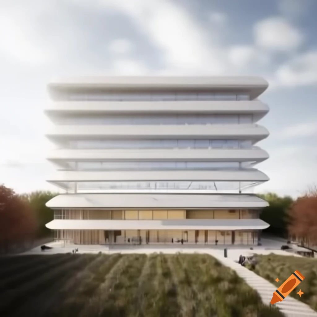 Modern research center with white concrete and three stories of windows ...