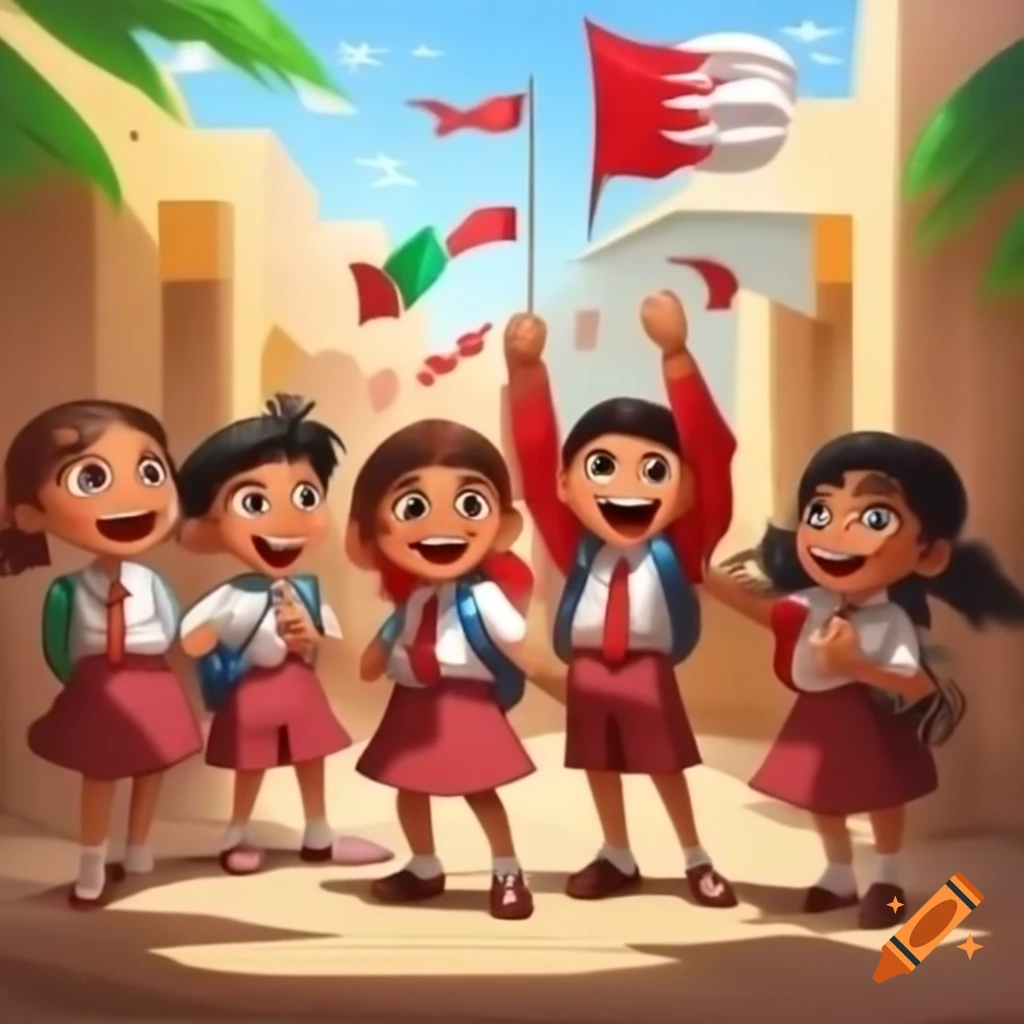 Third grade students celebrating bahrain national day with decorations ...
