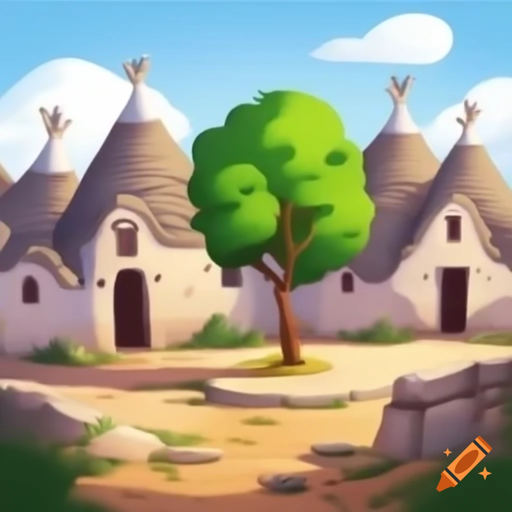 Animated wise tree in Pixar style surrounded by trulli in Puglia ...