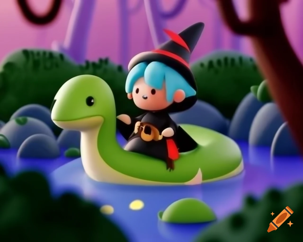 Low poly mage with cyan hair riding giant green striped snake in ...