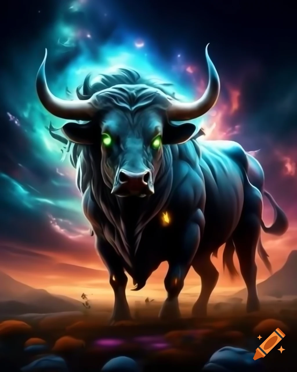 Mystical bull with emerald glowing eyes standing on starry field under ...