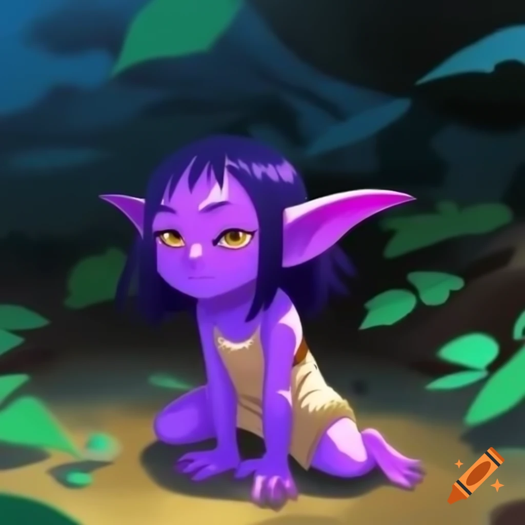 Purple-skinned goblin girl in anime style, barefoot on Craiyon
