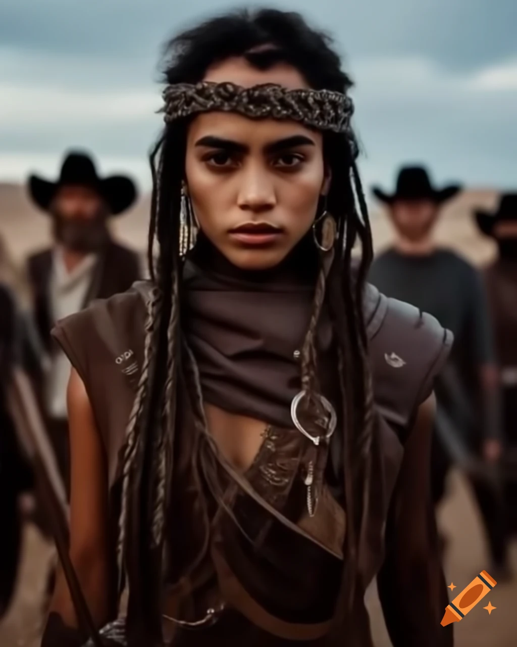 Fierce warrior princess in western attire in post-apocalyptic setting ...