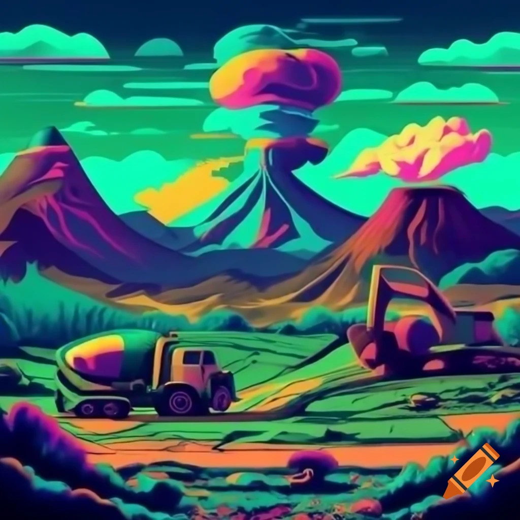 Psychedelic landscape featuring cement mixer, excavator, garbage truck ...