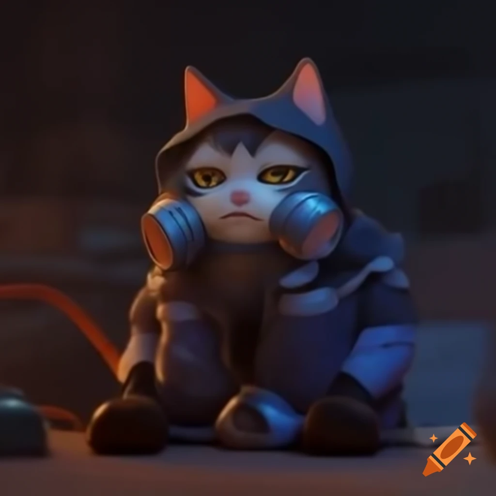 Sly anime cat with gas mask and oversized backpack, ready for adventure ...