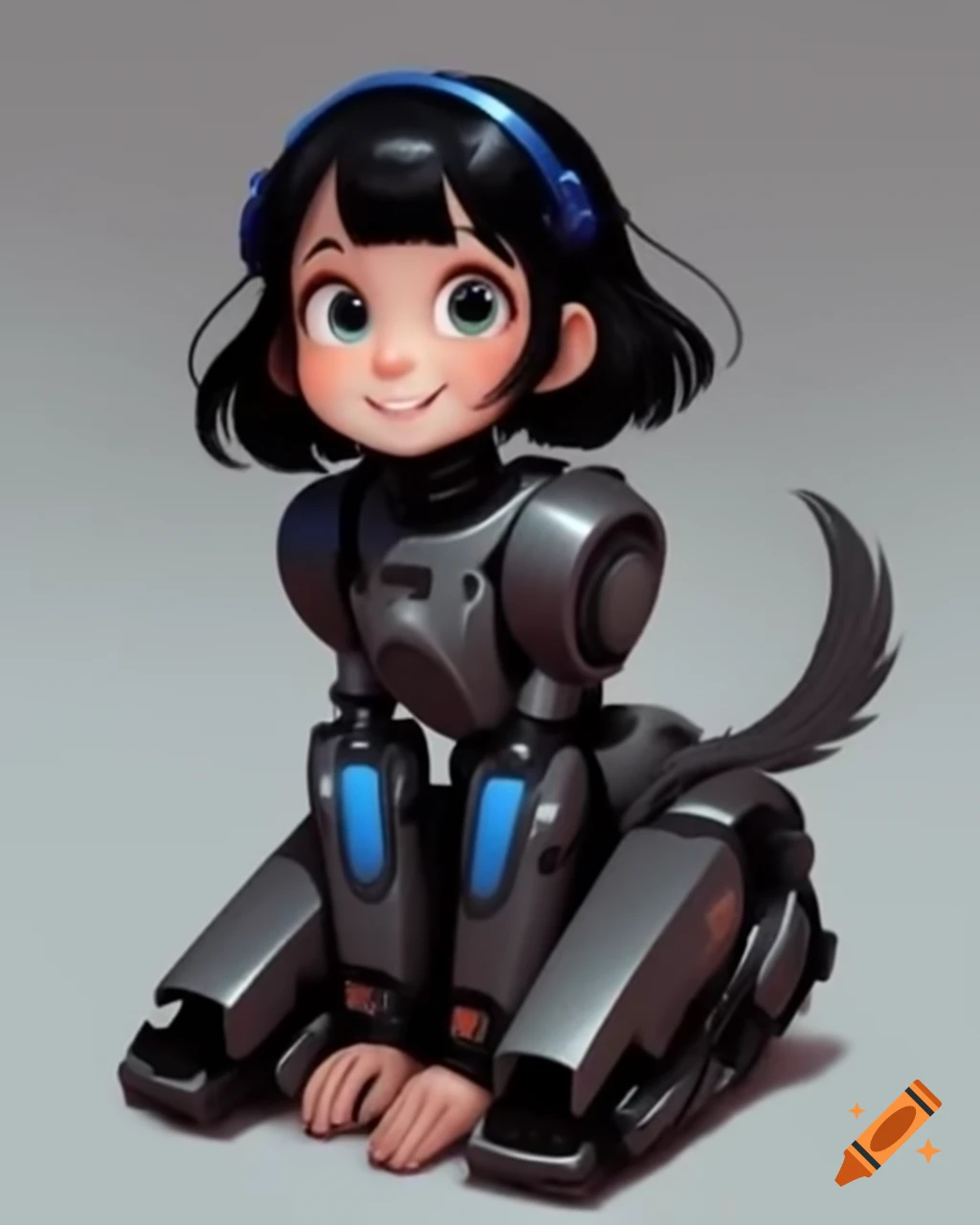 Cheerful robot girl with black hair and helmet, featuring dog legs on ...