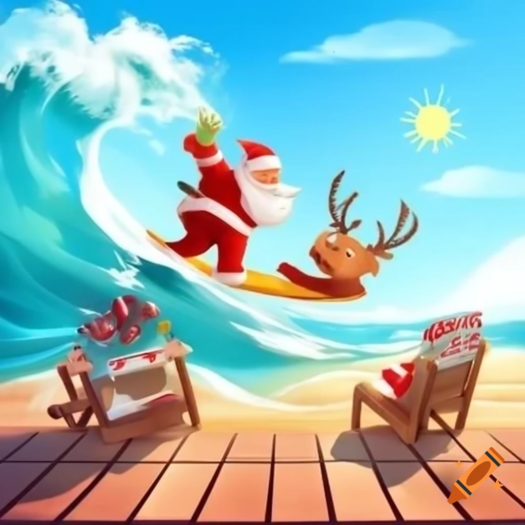 Santa Claus surfing at sunny beach with reindeer on deck chair on Craiyon