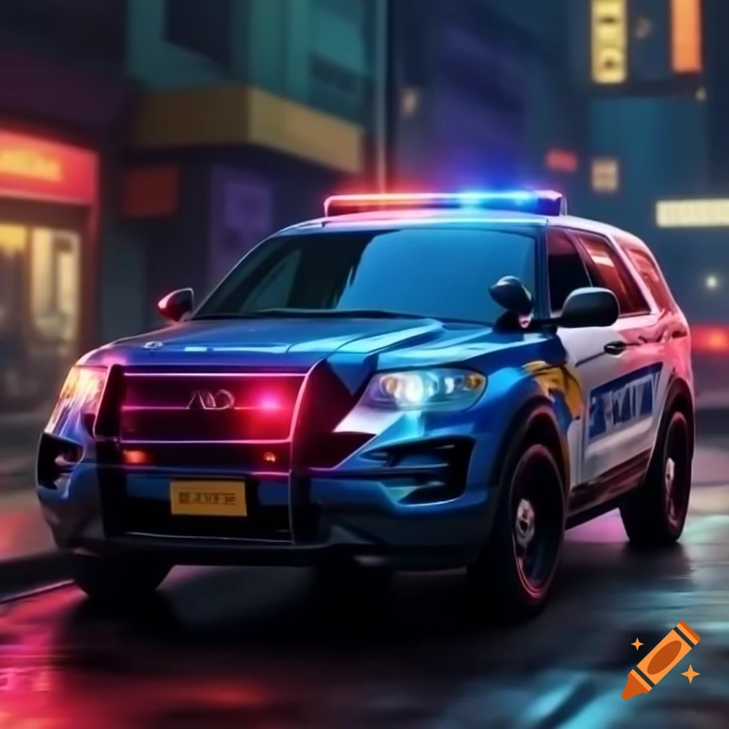 SUV police car in vibrant neon city at night on Craiyon