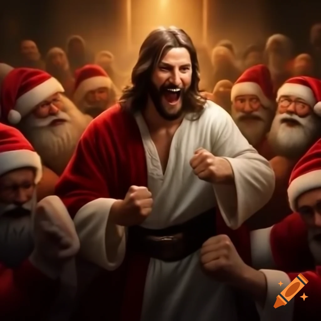 Conflict scene between Jesus and Santa Claus, depicting a humorous or ...