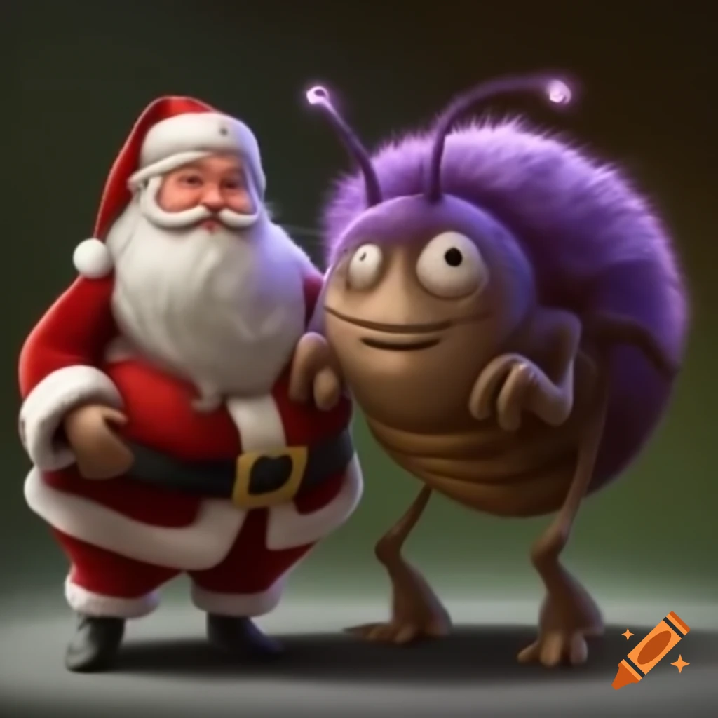 Santa Claus laughing with a giant friendly purple bee on his knee on ...