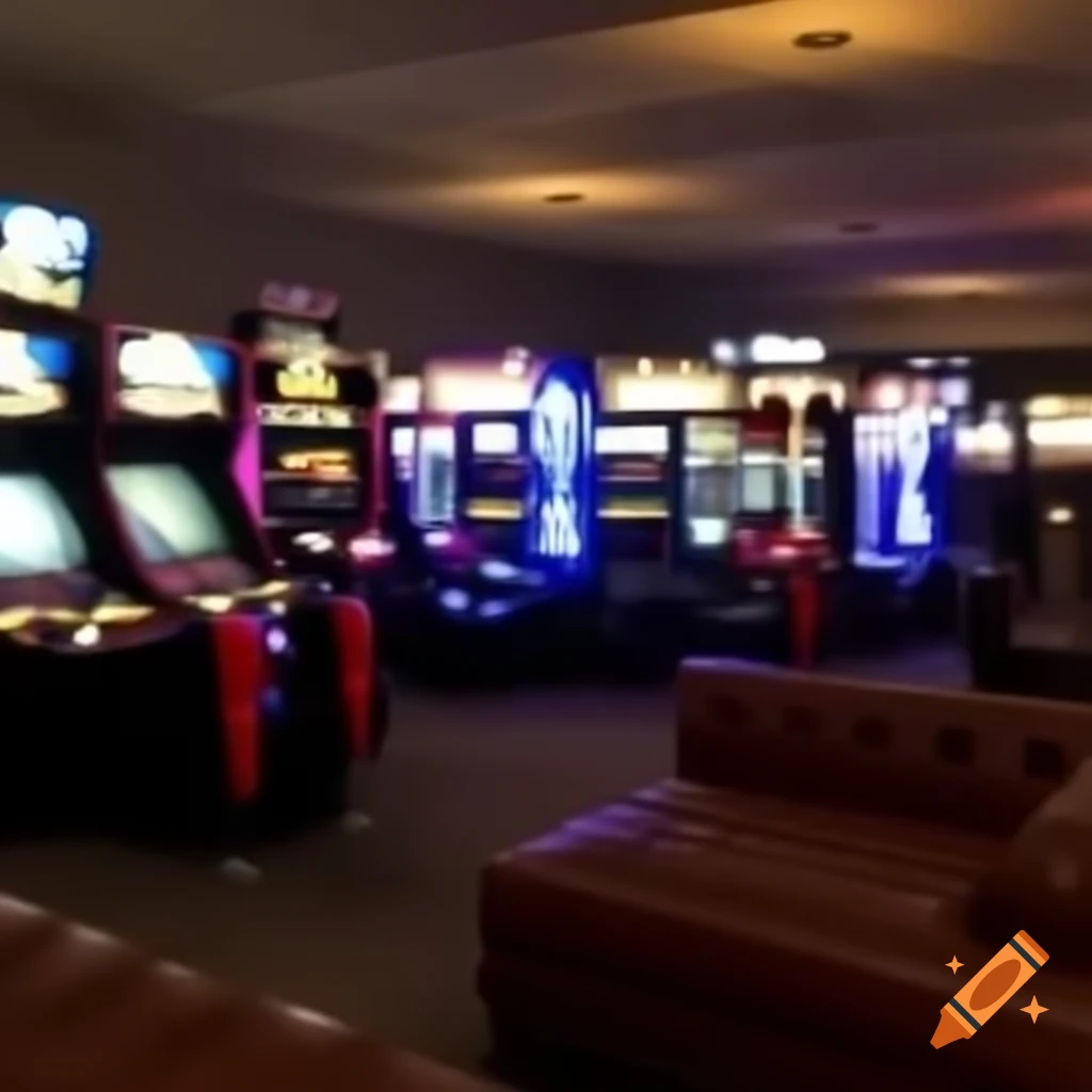 Automated arcade mall with lounge area featuring TVs and couches on Craiyon