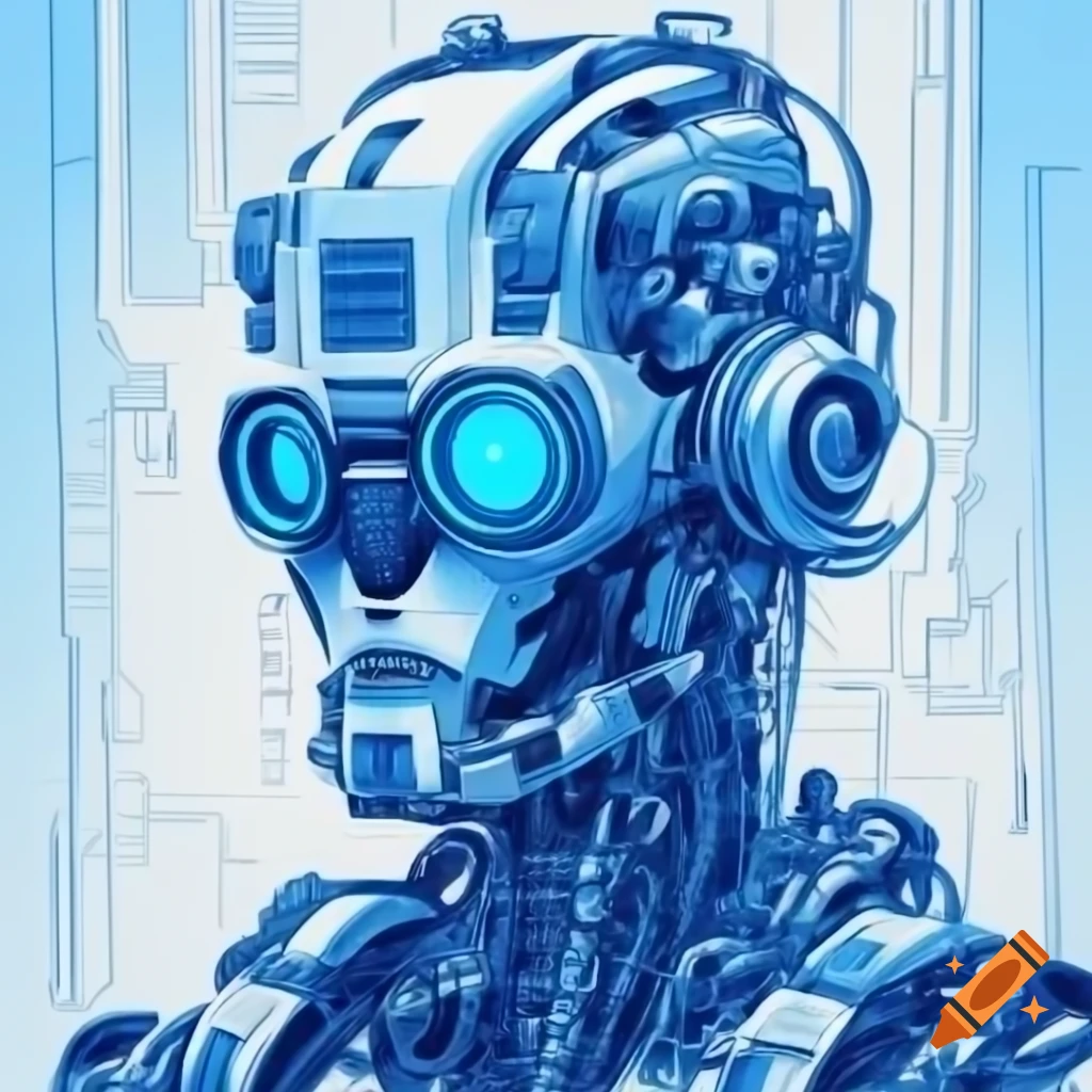 Blueprint schematic of a cyberpunk robot design on Craiyon