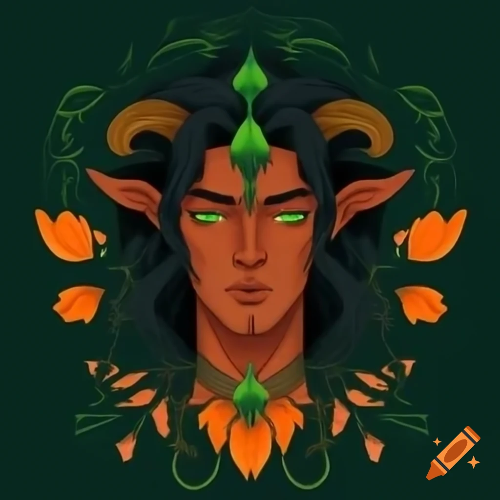 Mystical human male with green eyes, ram-like horns, and freckled skin ...