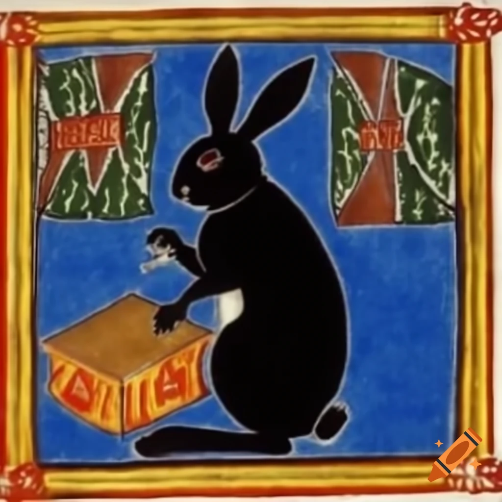 Medieval illuminated manuscript featuring black rabbit and winter ...