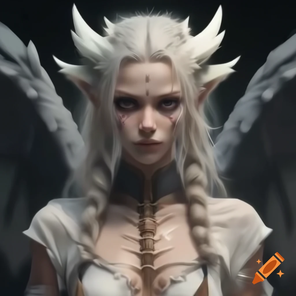 Hyper realistic anime character with white dress, dragon wings, and ...