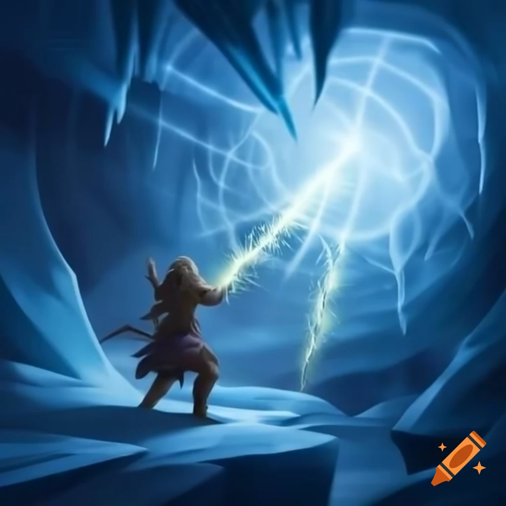 Warrior manipulating glowing energy threads in frozen cave for defense ...