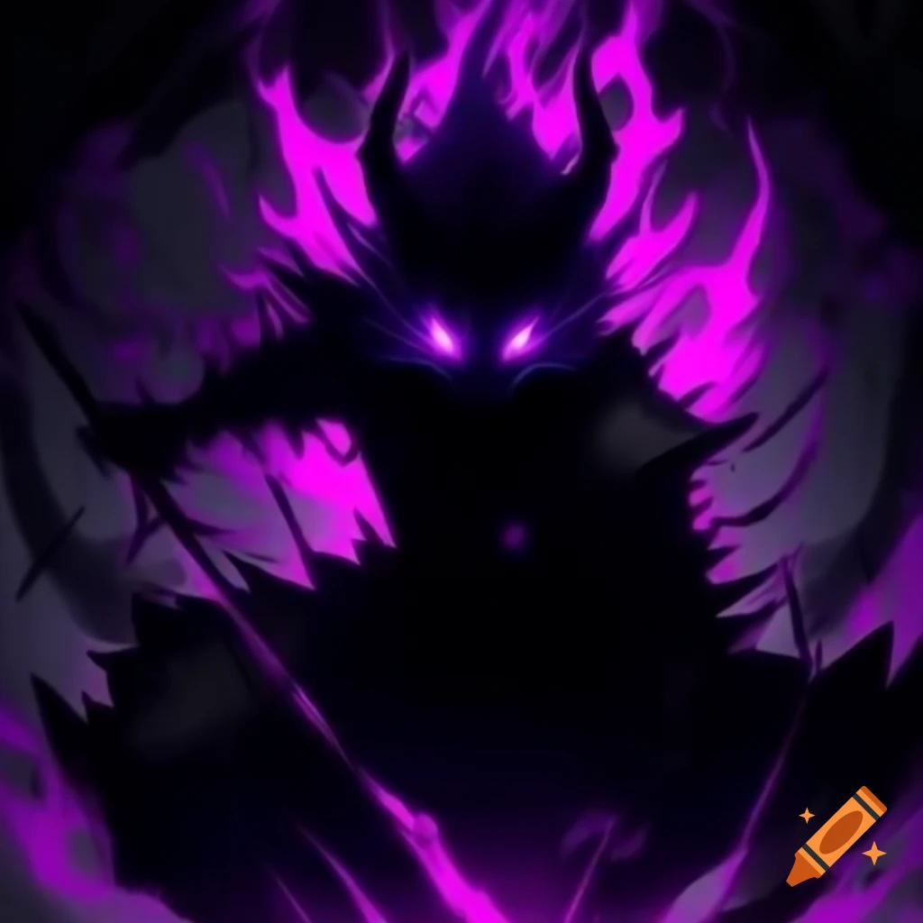 Demonic anime shadow silhouette with purple glowing eyes and flame aura ...