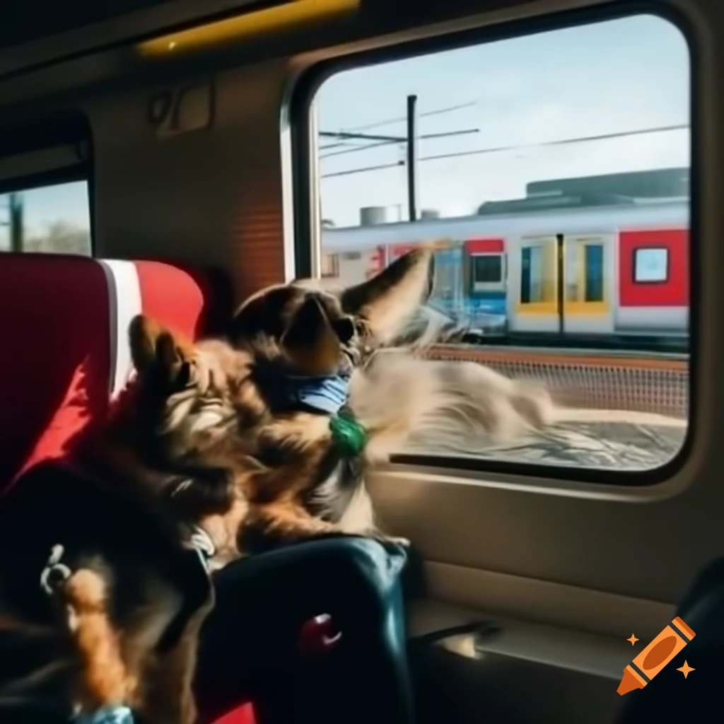 Dogs riding a train and waving out windows on Craiyon