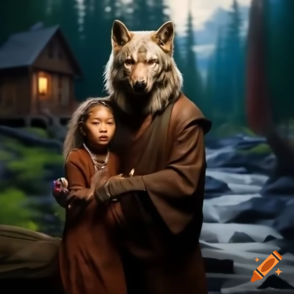 Hybrid wolf-man in steampunk outfit holding woman protectively on Craiyon