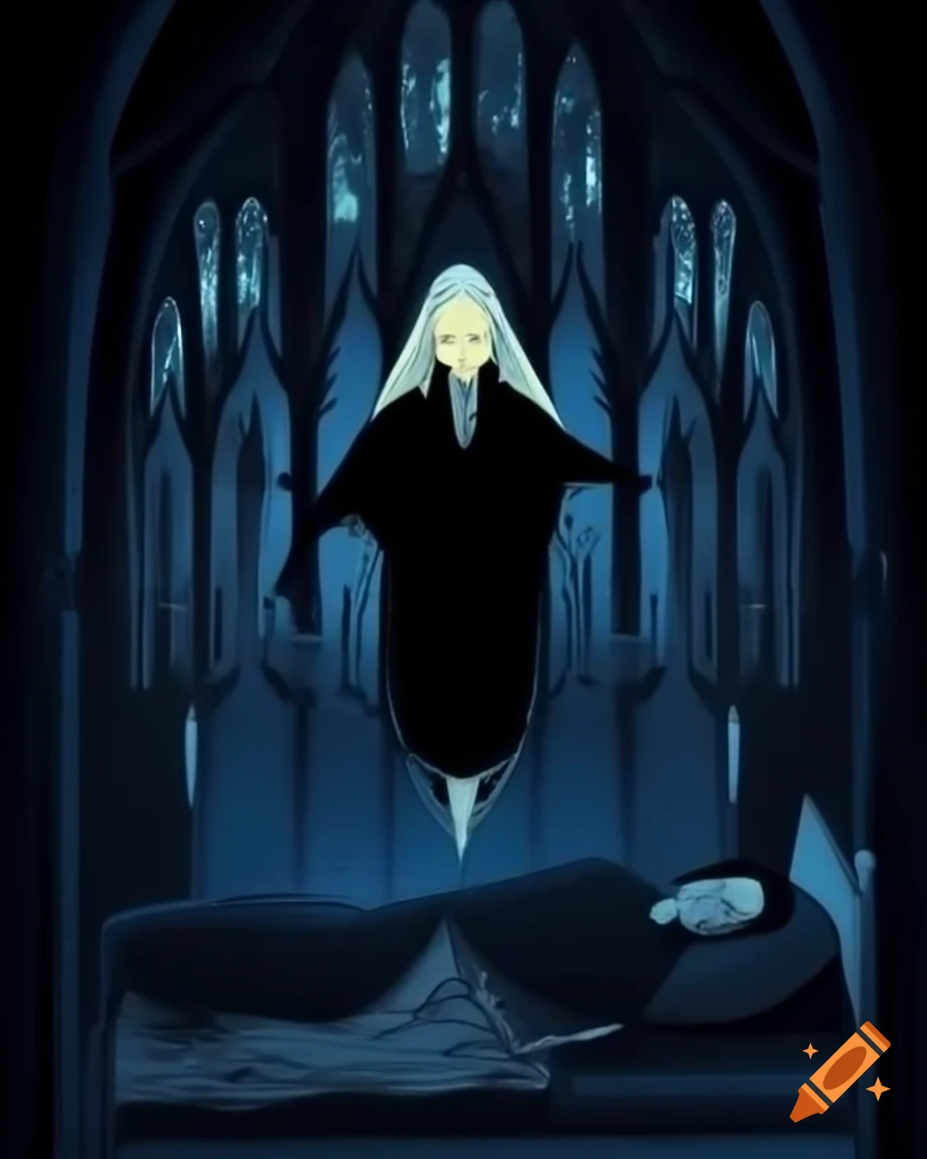 A black-clad figure on a swing in a cemetery under a gothic sky and ...