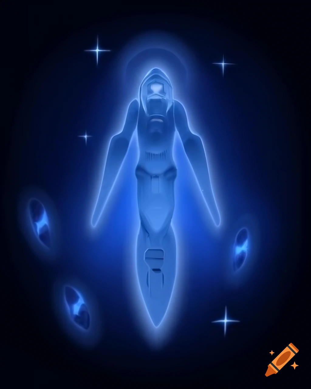 Translucent crystalline humanoid glowing with blue-white light and ...