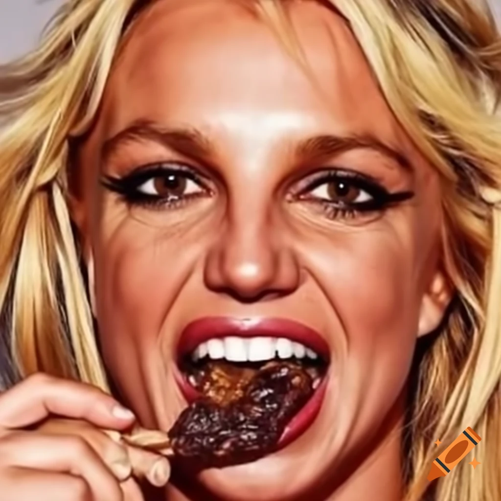 Britney Spears showing a raisin on her teeth on Craiyon