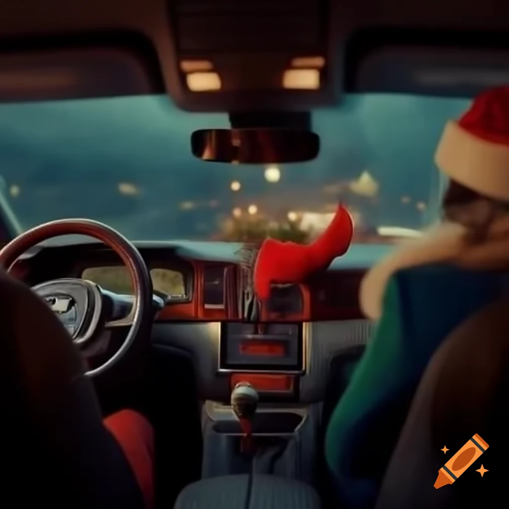 View from cockpit of a volvo car decorated for christmas on Craiyon