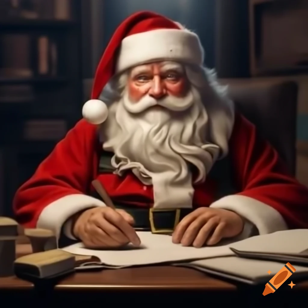 Santa Claus in red robe and pinstripe suit at cluttered desk with legal ...