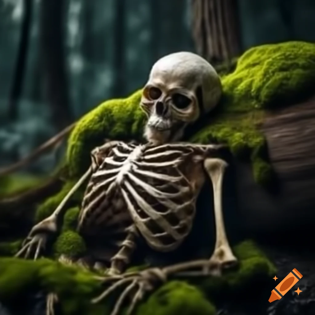 Moss-covered skeleton in dark forest, illuminated by light with fog on ...