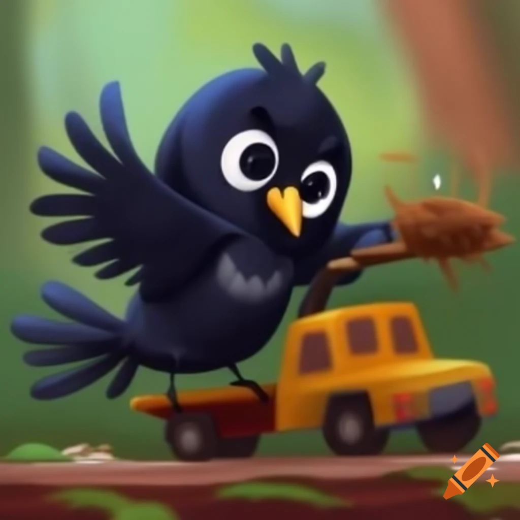 Cute crow driving tow truck with nest in tow on Craiyon