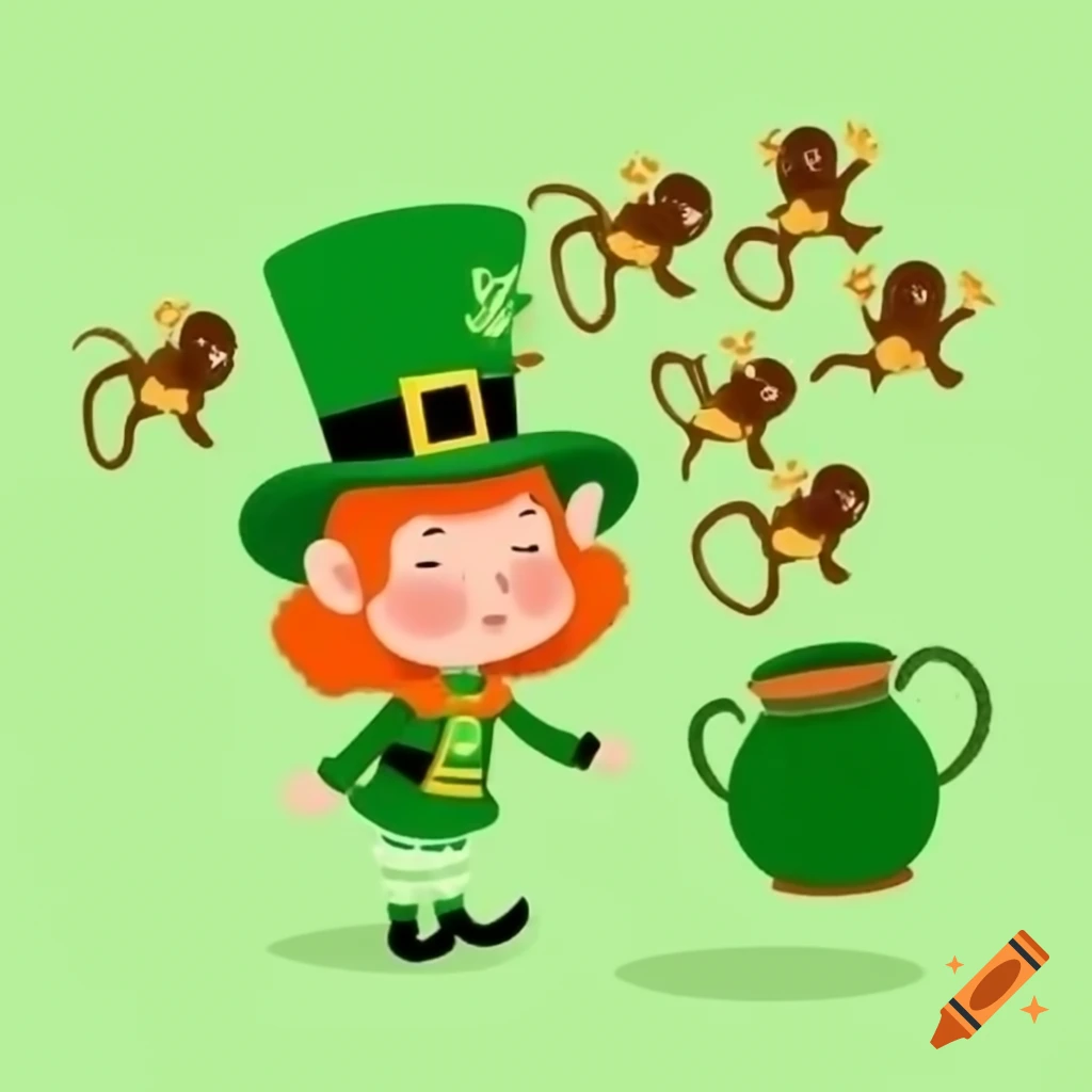 Female leprechaun with pot of gold leading flying monkeys in turbans on ...