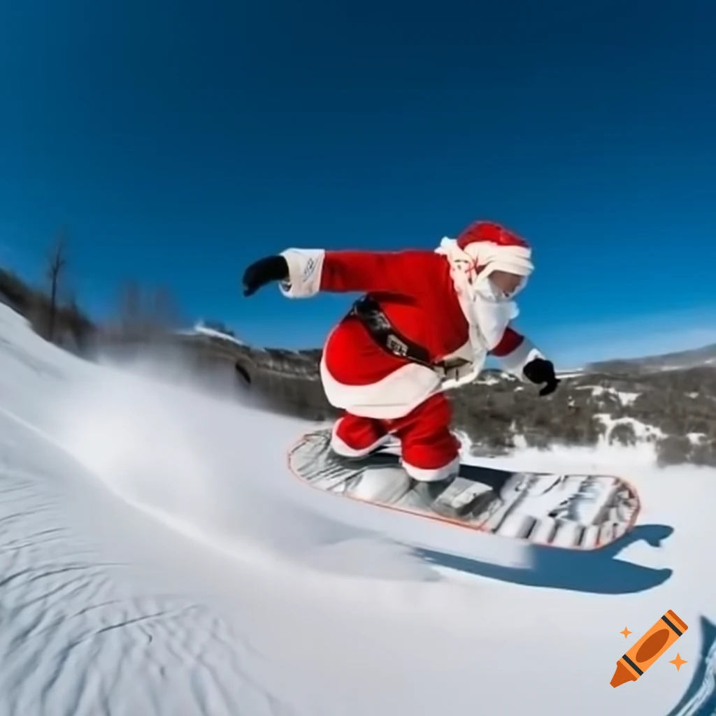 Santa snowboarding playfully on slopes with rival gang on Craiyon